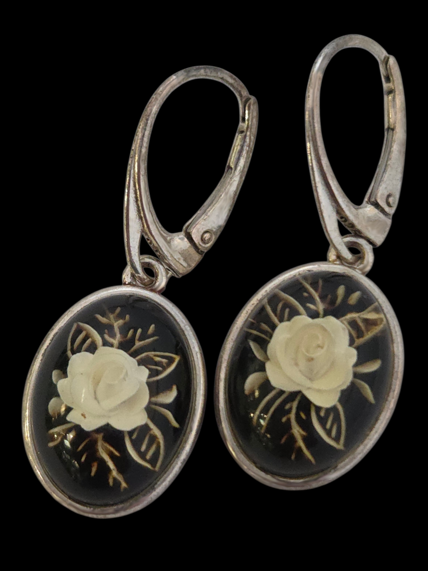 Sterling Silver and Carved Amber Rose Earrings - Jewelry by Glassando