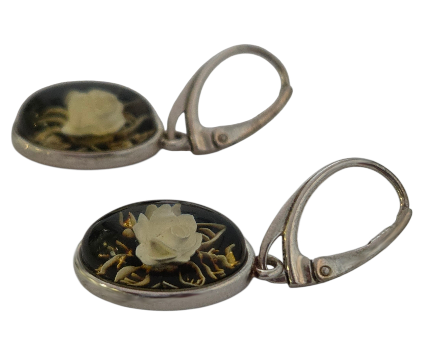 Sterling Silver and Carved Amber Rose Earrings - Jewelry by Glassando