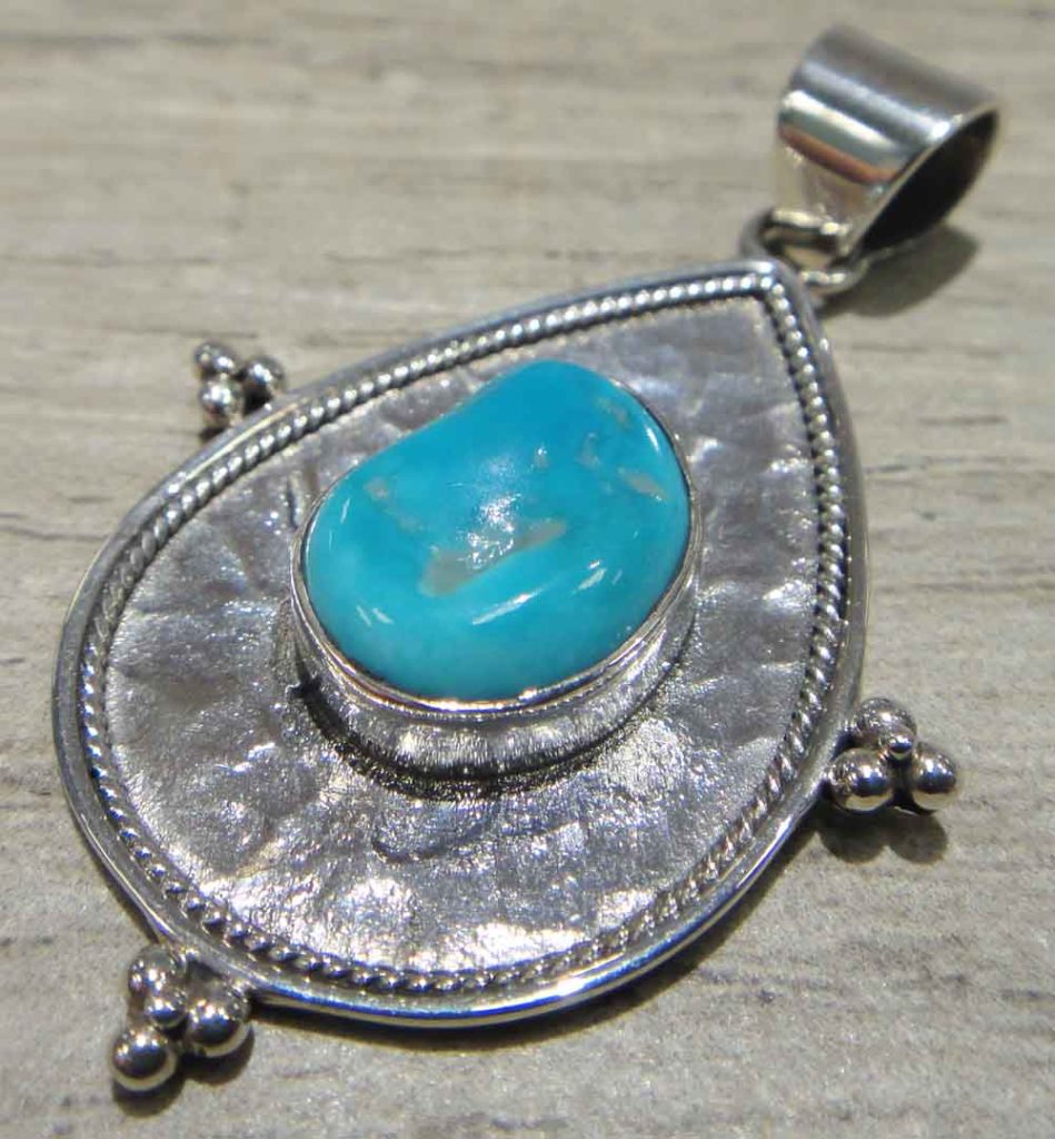 Turquoise and sterling silver hand-hammered texture drop pendant ...